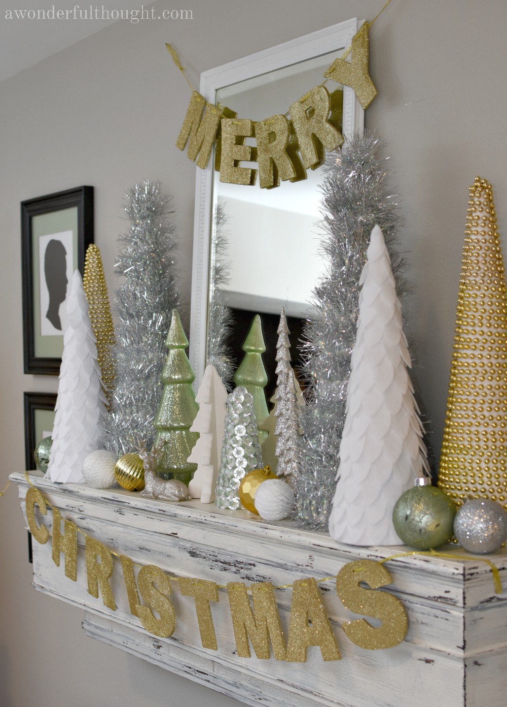 Silver, Gold and Green Christmas Mantel - A Wonderful Thought